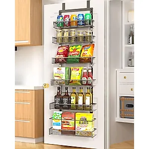 Over the Door Pantry Organizer, Pantry Door Organizer 6-Tier Mesh Basket, Pantry Hanging Storage Baskets with Adjustable Hooks Hanging & Wall Mounted，for Kitchen, Bathroom,Storage Room (Black)