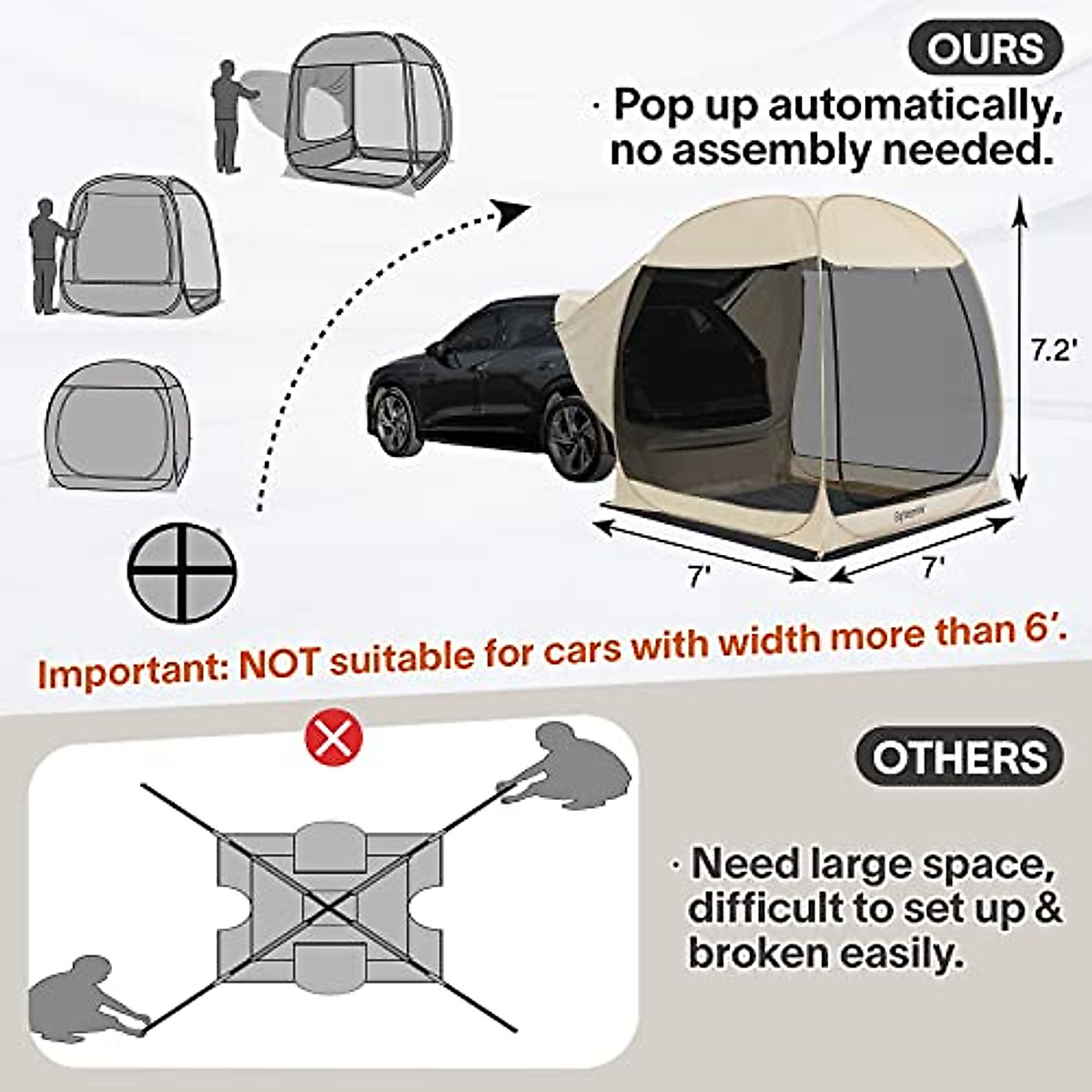 EighteenTek SUV Car Tent Pop Up Camping Outdoor Travel Screen House Room Shelter Mesh Walls Attachment Not Waterproof 7’x7’x7.2’H