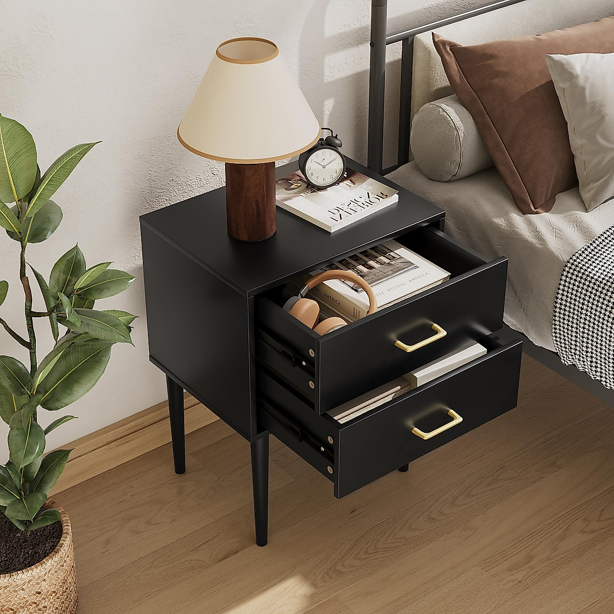 Modern Nightstand with Drawers Black Night Stands for Bedroom,Wood Bedside Table with Drawers,Nightstands Suitable for Salon and Office,Mesita De Noche para Cuarto,26 Inch Tall,2- Drawer