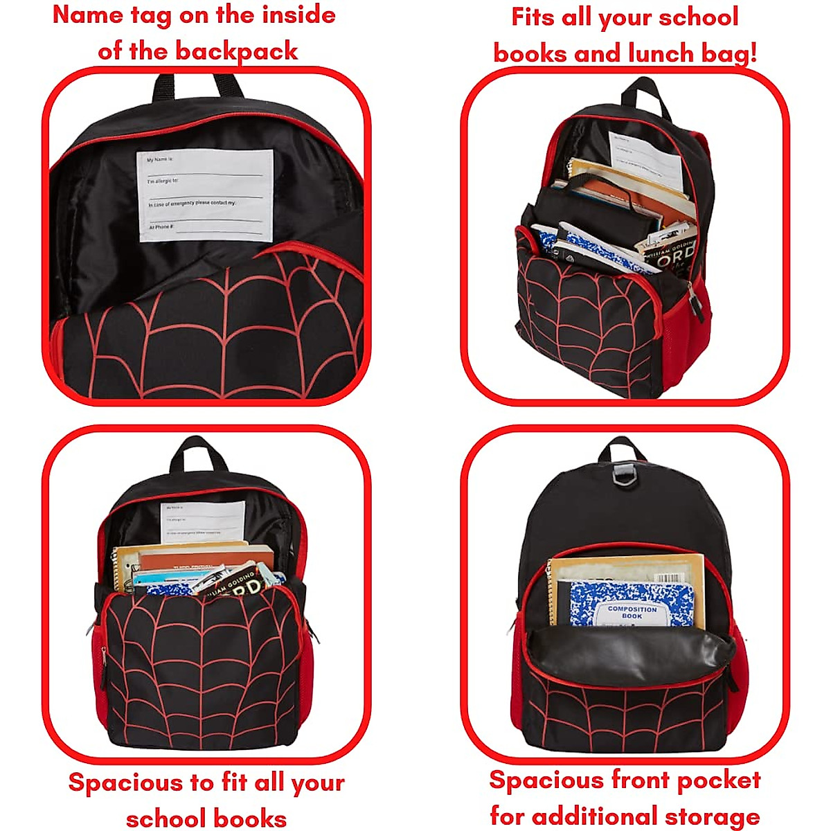 RALME Spiderweb Backpack Set for Boys, 16 inch, 6 Pieces with Foldable Lunch Bag, Water Bottle, Pencil Case, Pop It Key Chain, and Carabiner Clip