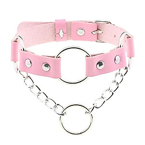 HUYHOAT Men Women Punk Circle Tassel Chain Pendant Goth Choker Necklace Sexy Cosplay Black PU Leather Necklace Gothic Accessories (pink)