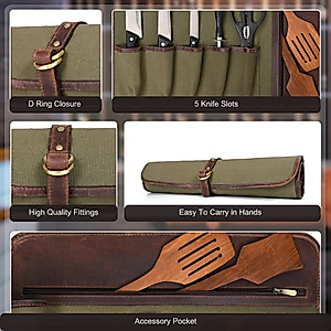 Chef Kniferoll Bag Leather and Waxed Canvas (Olive Green)