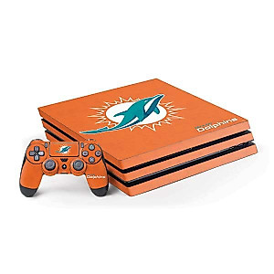 Skinit Decal Gaming Skin Compatible with PS4 Pro Console and Controller Bundle - Officially Licensed NFL Miami Dolphins Distressed- Orange Design