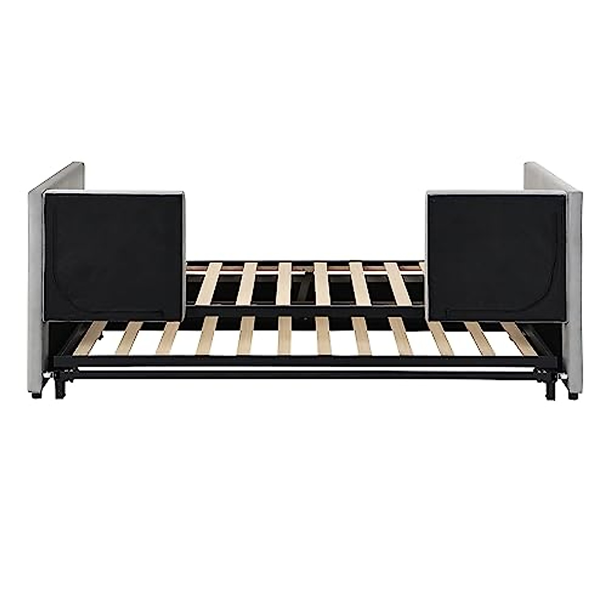 DEINPPA Twin Extendable Platform Bed, Upholstered Transitional Daybed with Trundle, Twin Size to King Size Bed, No Box Spring Needed-Grey