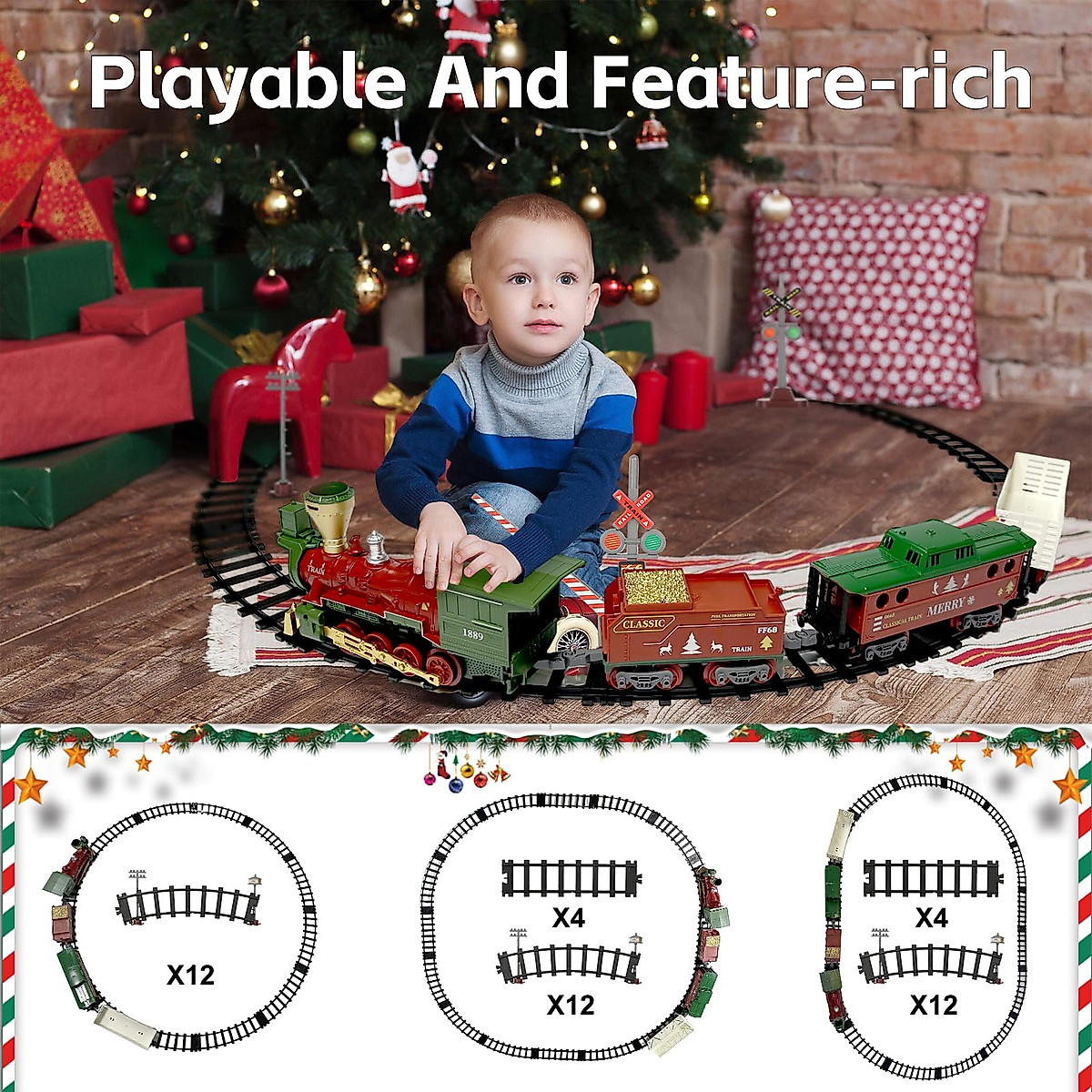OLIUGEI Electric Train Set Steam Train Toys for Boys with Remote Control Christmas Train for Under The Trees with Smokes,Light & Sounds, for 3 4 5 6 7+ Years Old Kids
