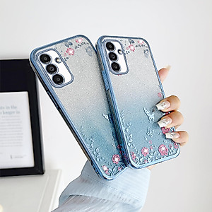 for Samsung Galaxy A13 5G Case, A13 Phone Case for Women Gradual Change Glitter Crystal TPU Stylish Butterfly Floral Heart Clear Protective Cover with Strap for Samsung Galaxy A13 5G (Sierra Blue)