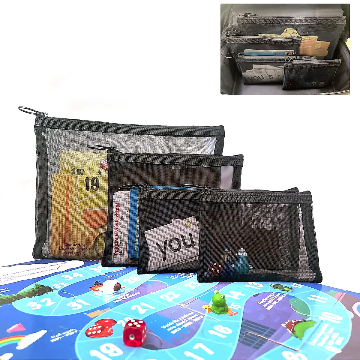 Patu Zipper Mesh Bags, Pack of 4 (S/M/L & Pencil Pouch), Beauty Makeup Cosmetic Accessories Organizer, Travel Toiletry Kit Set Storage Case, Black