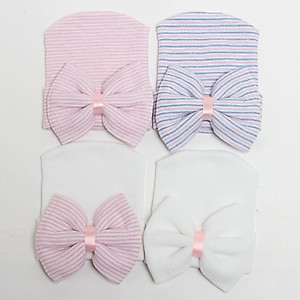 DRESHOW BQUBO 4 Pack Newborn Hospital Hat Infant Baby Hat Cap with Big Bow Soft Cute Knot Nursery Beanie