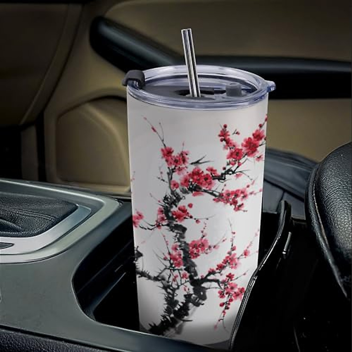 LLJEYOU Cherry Blossom Japanese Tumbler Insulated Travel Mug Stainless Steel Travel Tumbler Car Cup with Straw And Brush with Lid 20oz