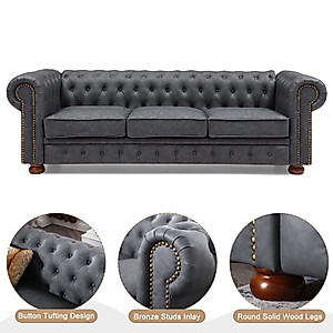 Neylory Leather Couches for Living Room, 3 Seater Classic Chesterfield Sofa Couch with Button Tufted Back and Roll Arms, 88.5-Inch Faux Leather Sofa with Nailhead Trim and Solid Wood Legs