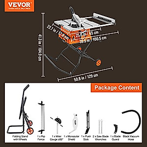 VEVOR Table Saw with Stand, 10-inch 15-Amp, 25-in Max Rip Capacity, Cutting Speed up to 5000RPM, 40T Blade, Portable Compact Jobsite Tablesaw w/Sliding Miter Gauge for Woodworking & Furniture Making