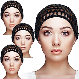 Geyoga 4 Pieces Mesh Crochet Hair Net Rayon Knit Snood Hat Thick Short Women Hairnet Snoods Cover Ornament for Sleeping (Black)