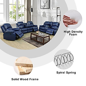 Dekmxas 2 Seater Recliner Loveseat, Bonded Leather Couch Living Room Furniture, Manual Reclining Loveseat Couch with Cup Holders and Storage Console for Home/Rv Car(Bonded Leather Blue, Loveseat)