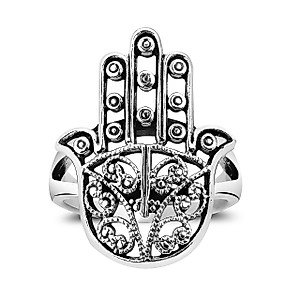 AeraVida Delicate Henna Hand of Hamsa .925 Sterling Silver Ring | Wedding Rings For Women | Boho-inspired Comfort Fit Silver Rings for Women | Sterling Silver Rings Sizes (9)