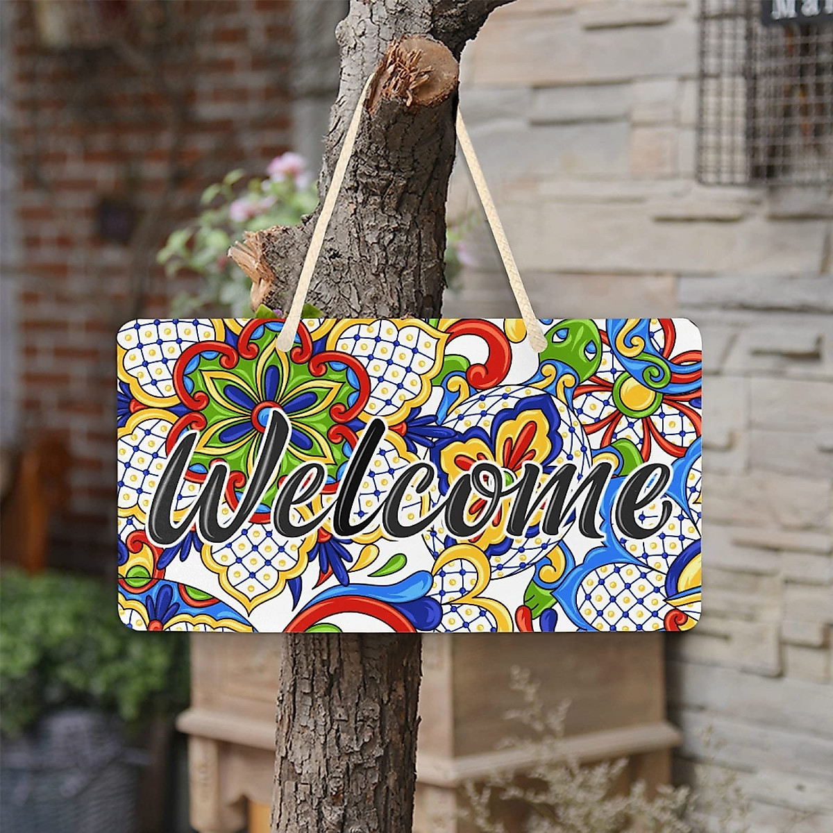 xigua Hanging Plaque Welcome Sign with String, Gate Wall Sign for Front Door Porch Garden Farmhouse Home Bar Cafe Doors Decor, Mexican Talavera Ceramic