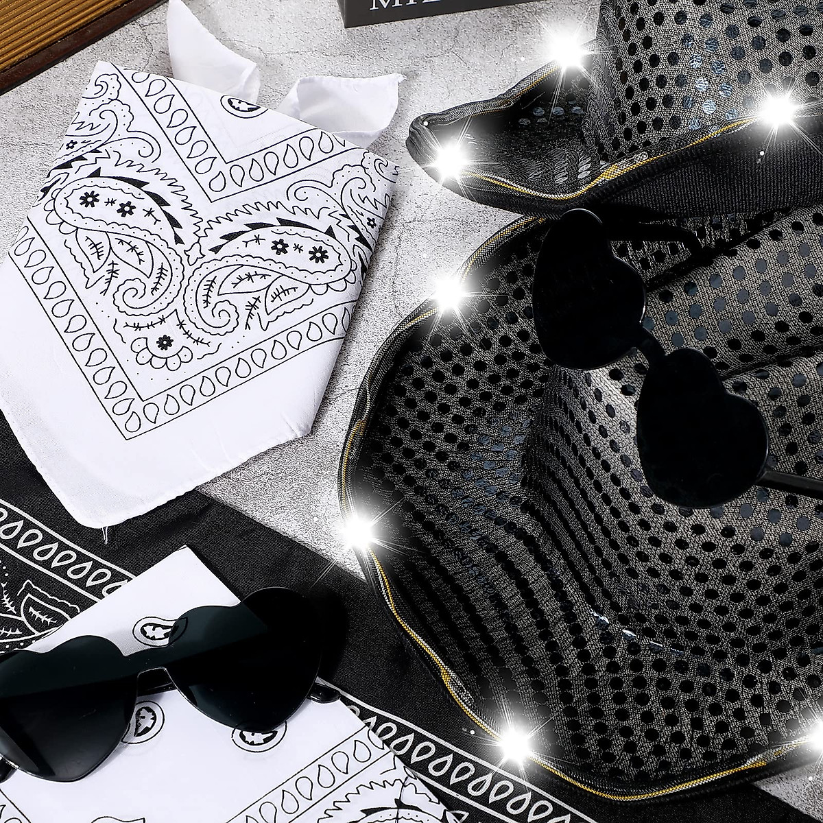 Unittype 9 Pcs Lighting Cowboy Hat Set, LED Space Cowgirl Hat Heart Glasses and Paisley Bandanna for Women Bachelorette Party (Black)