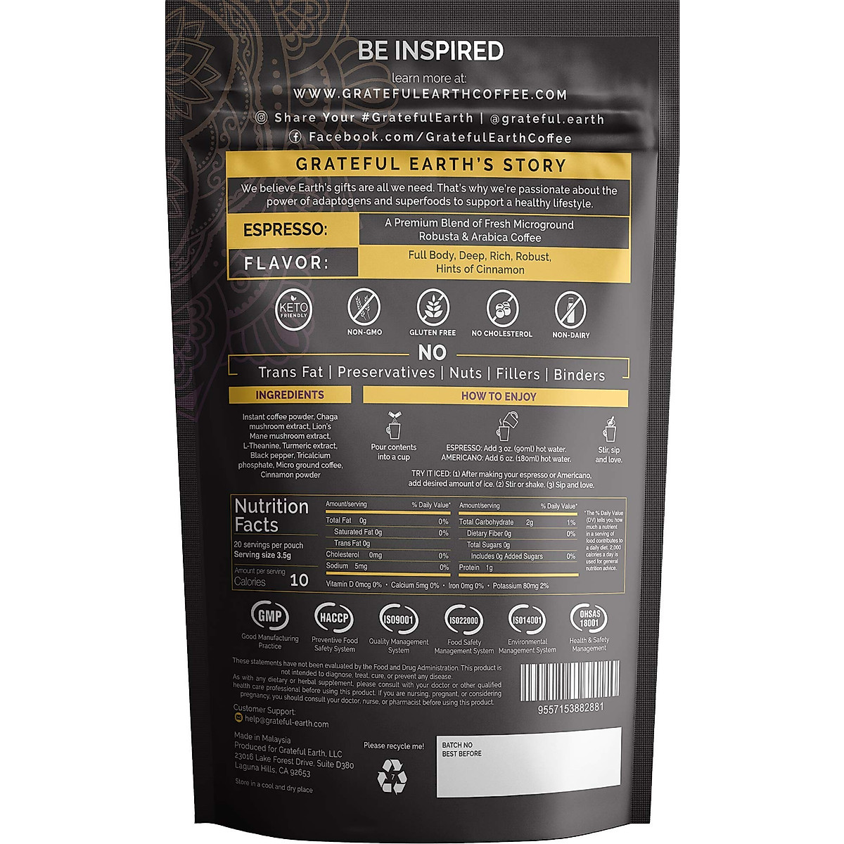 Grateful Earth Super Brain Blend Instant Gourmet Espresso Black Coffee with Nootropics 20 Packets Microground Robusta and Arabica Coffee with Turmeric, Cinnamon, Black Pepper