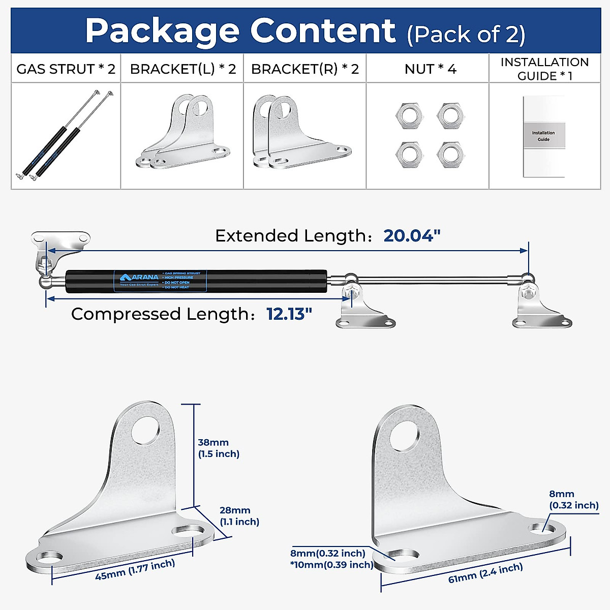 20 inch 200 LB Gas Prop Struts Shocks with L Mounting Brackets, 20" 889 N Lift-Support Gas Spring for Heavy-Duty Floor Hatch Trap Door Murphy Bed (Suitable Lid Weight: 185-220lbs), 2Pcs Set