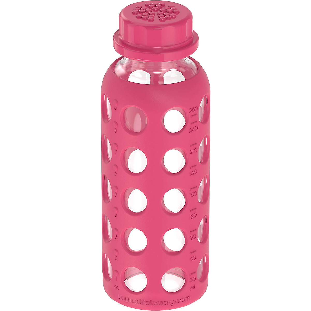 Lifefactory 9-Ounce BPA-Free Glass Water Bottle with Flat Cap and Silicone Sleeve, Raspberry