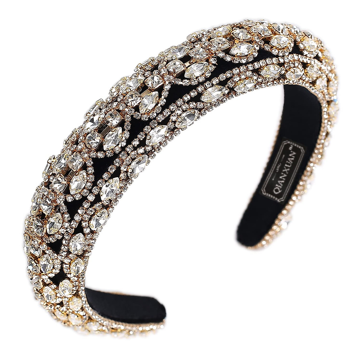 QIANXUAN Crystal Rhinestone Headbands For Women White Pearl Headbands For Girls Padded Headband Black Velvet Jewelry Chain Hairband Handmade Pearly Flower Retro Filling Diamond Hair Accessories
