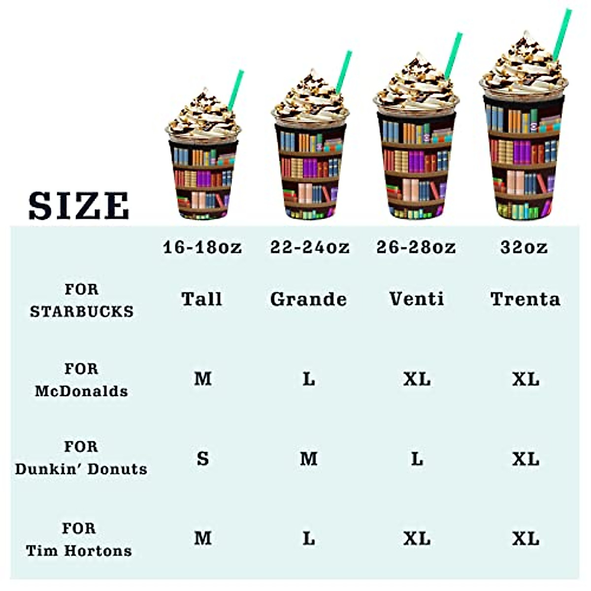 Iced Coffee Sleeve Colorful Bookshelf, Rainbow Book Library Reusable Neoprene Insulated Sleeves Cup Cover Holder for Cold Drinks Beverages 22oz - 24oz