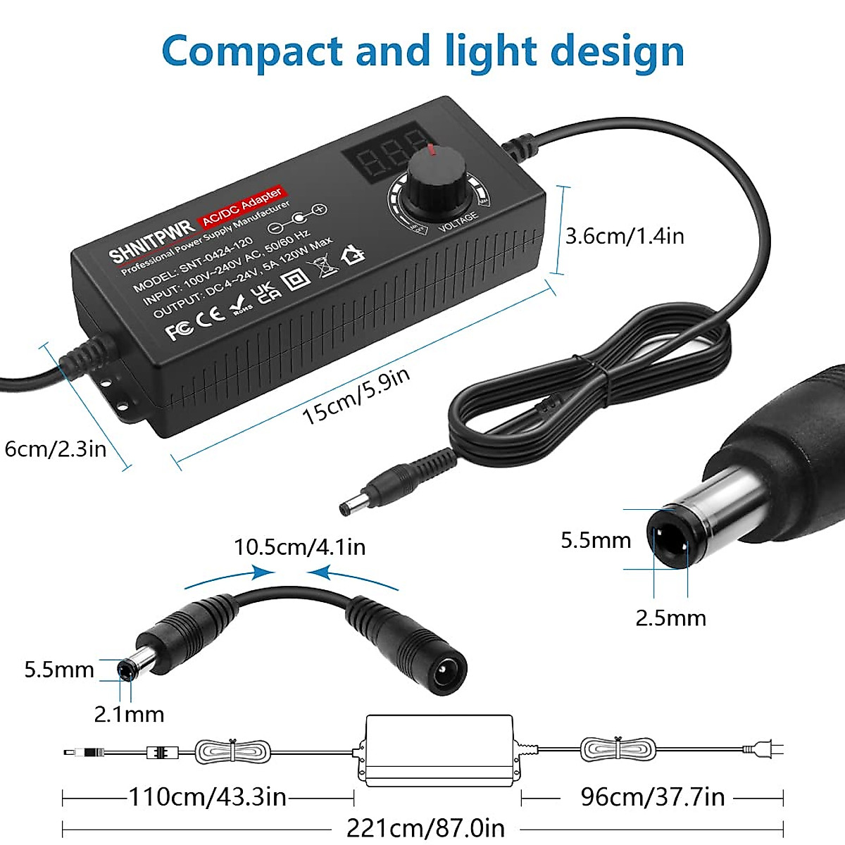 SHNITPWR AC Adapter 120W Universal Power Adapter 4V 5V 6V 9V 12V 15V 18V 19V 20V 24V Adjustable Switching Power Supply 100V~240V AC to DC 4V ~ 24V 5A Converter with 14 Tips & Polarity Converter
