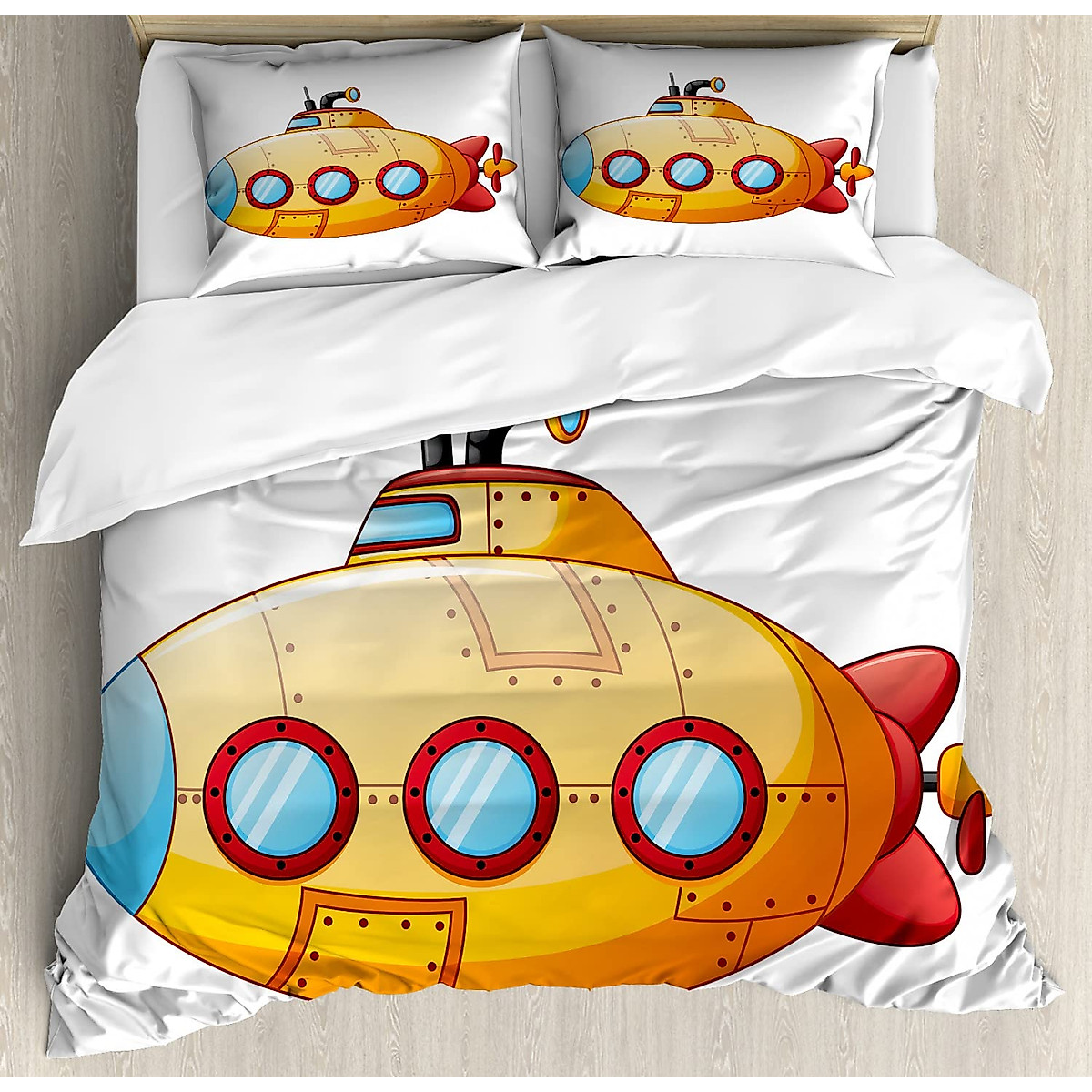 Ambesonne Yellow Submarine Duvet Cover Sets, Sea Theme Design in Cartoon Style Illustration of a Submarine Print, Bedding Set with 2 Duvet Covers & 4 Pillowcases, 2 Pack King Size, Orange and Yellow