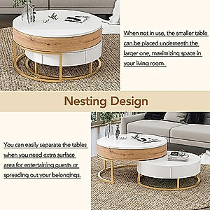 Modern Round Lift-top Nesting Coffee Tables with 2 Drawers, Wood Cocktail Table Center Table with Metal Pedestal & Concealed Storage Compartment for Living Room (Oak Natural Wood + Antique White-74)