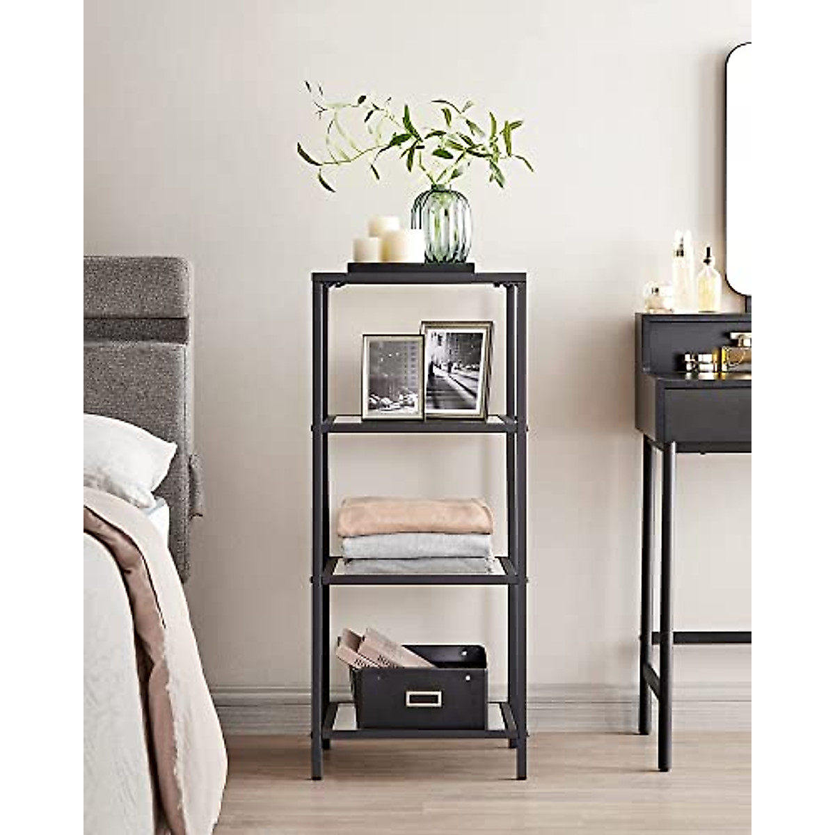 VASAGLE Bookcase, 4-Tier Bookshelf, Slim Shelving Unit for Bedroom, Bathroom, Home Office, Tempered Glass, Steel Frame, Black ULGT028B61