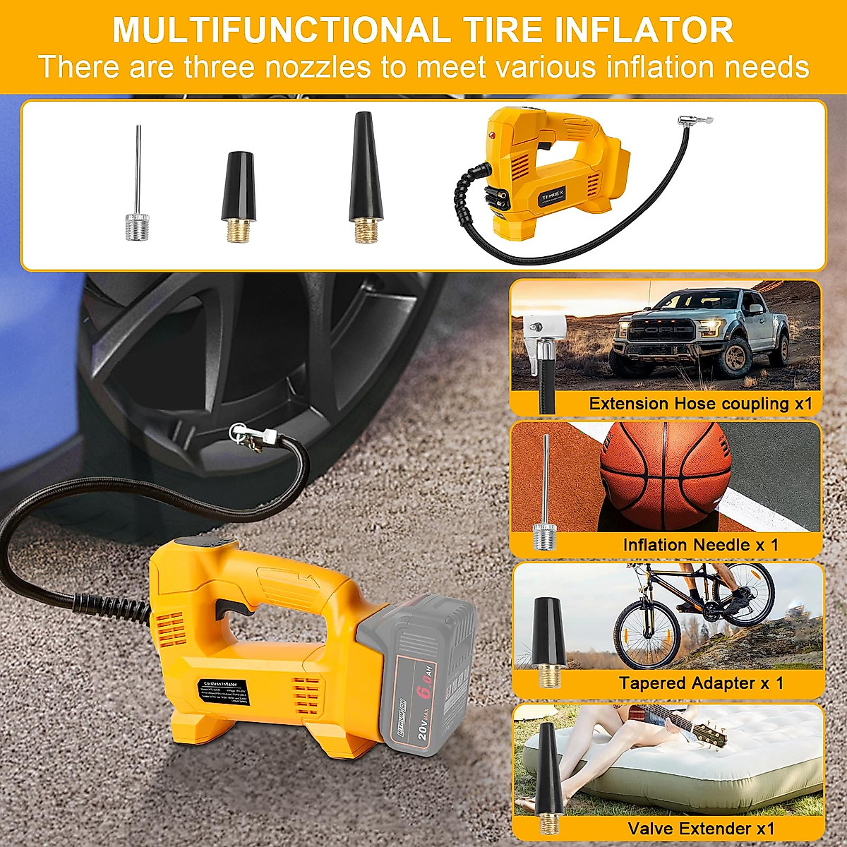 AMICROSS Cordless Tire Inflator Compatible with DEWALT 20V Max Battery,Portable Air Compressor with Digital Pressure Gauge,Auto Air Pump for Ball,Bike,Car,Motorcycle (Battery Not Included)