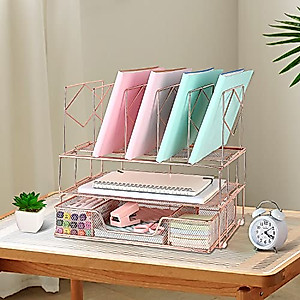 gianotter Desk Organizers and Accessories, Office Supplies Desk Organizer with Sliding Drawer, Double Tray and 5 Upright Section ​File Sorter Organizer (Rose Gold)