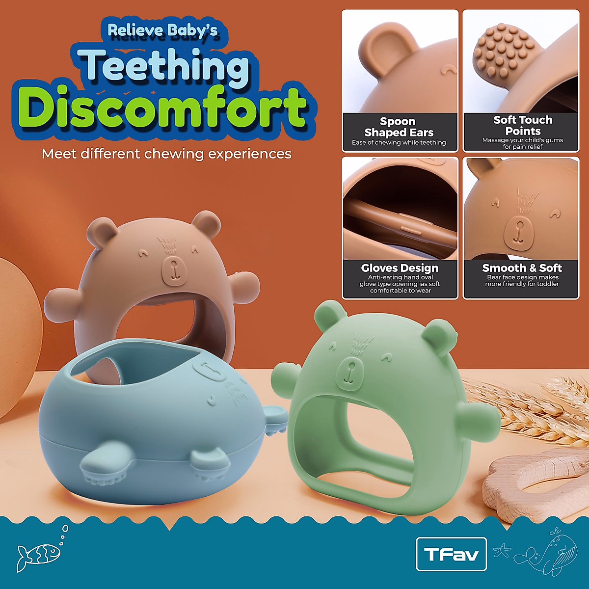 TFav Baby Bear hand Teether -3 pc Blue, Brown & Green -Silicone Teething mitt for 0-6 Months Boys -Hand Pacifier That Fits on Fist -Wearable Gloves Chew Toy -Calm Down The Fussy Baby