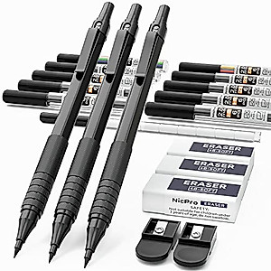 Nicpro Black Metal 2.0 Mechanical Pencil Set with Case, 3 PCS Drafting Lead Holder with 2mm Graphite Lead Refill (HB 2H 4H 2B 4B) & Colors, Sharpeners, Erasers for Artist Writing, Drawing, Sketching
