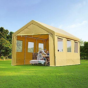ADVANCE OUTDOOR 10x20 ft Heavy Duty Adjustable Carport with 6 Roll-up Ventilated Windows & Removable Sidewalls Car Canopy Garage Boat Shelter Party Tent, Peak Height from 9.5ft to 11ft, Beige Yellow