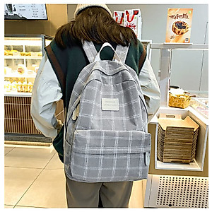 AONUOWE Light Academia Aesthetic Backpack Plaid Preppy Backpack Teen Girls Back to School Supplies Checkered Bookbags (Light Grey)