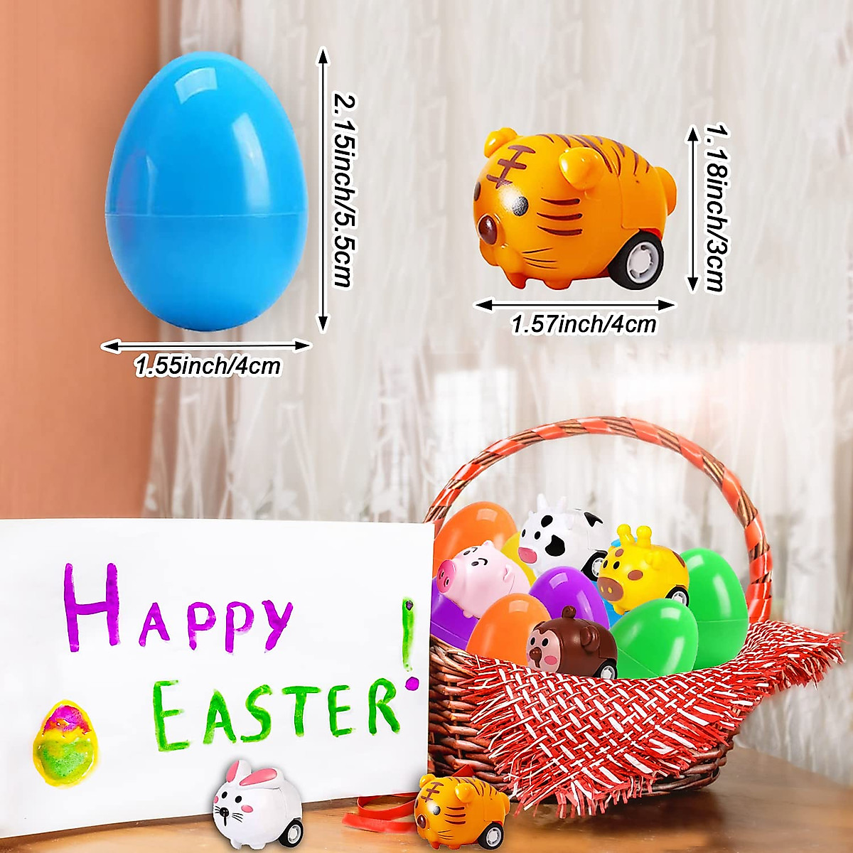 JIALWEN 12 Pack Easter Eggs Filled with Animal Pull Back Toy Cars, Easter Basket Stuffers Surprise Easter Gifts Hunt Theme Party Favors Classroom Prize Supplies