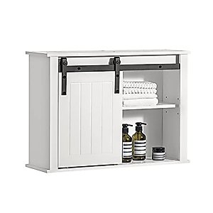 Haotian Kitchen Bathroom Wall Cabinet with Barn Door Garage Laundry Room Wall-Mounted Storage Unit Bath Organizer with Shelf, White BZR71-W