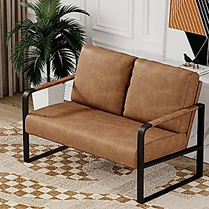 POINTANT Love Seat Mini Couch Small Settee Loveseat Bench for Living Room, Faux Leather Loveseat Sofa Small Sofa Couches for Small Spaces with Padded Cushion, Mid Century Modern Brown Love Seats