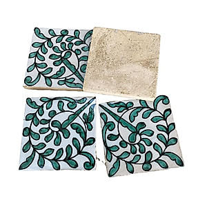 Green Flower Ceramic Tile Painted 4x4 - Moroccan Hand Painted Square Tile Zellige for Kitchen Backsplash, Outdoor/Indoor Tiles Bathroom or Shower Tile, Handmade Ceramic Traditional Tile (50 Tiles)