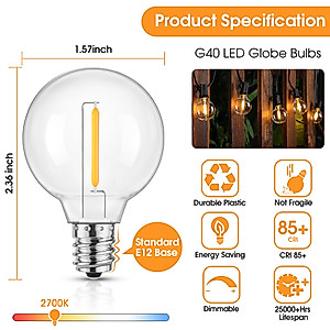 Mlambert G40 LED Replacement Light Bulbs for String Lights, Dimmable E12 Base Shatterproof Bulbs, 1W Equal to 5W, Warm White 2700K, 25Pack, Not Solar