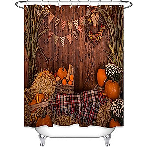 4Pcs Rustic Banner Pumpkins Farmhouse Shower Curtain Set with Non-Slip Rugs, Toilet Lid Cover Bath Mat, Pumpkins Maple Leaves Shower Curtain with 12 Hooks for Bathroom (Rustic Banner Pumpkins)