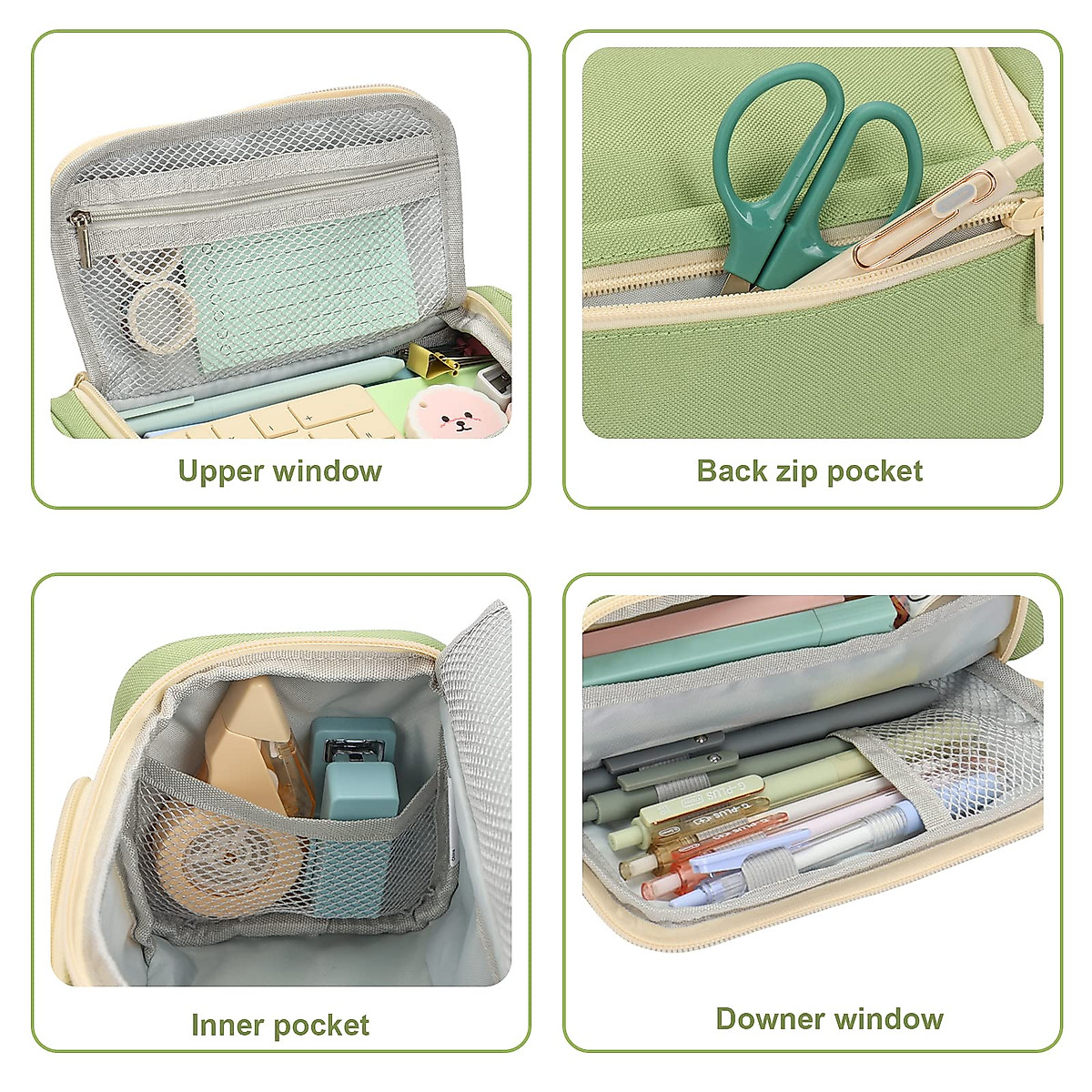 LABUK Large Pencil Case, Big Capacity Pencil Bag with 3 Compartments, for School Teen Girl Boy Men Women,Green