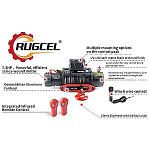 RUGCEL WINCH 13500lb Waterproof Electric Truck Winch 12V Synthetic Black Rope Jeep Winch with Hawse Fairlead,Wired Handle and 2 Wireless Remote,for Trailer and Wrangler in Car Lift