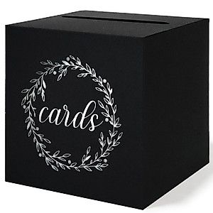 QIKSION Black Gift Card Box with Silver Foil Design, Cards Receiving Box for Birthdays Party, Bridal & Baby Showers, Wedding Receptions, Graduations, Retirements, Anniversaries
