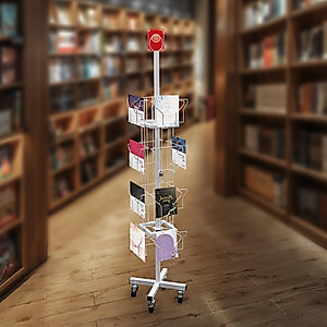 HuaShuani Gift Shop Card Display Rack, 16 Pockets Greeting Card Rack with 4 Universal Wheels for Gift Cards, Postcards, Stickers, Brochures, Metal Material, 360° Spinning, Free Standing