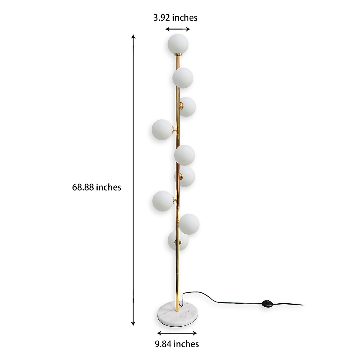 beaysyty Modern Simplicity Floor Lamp for Office Cafe Den Living Room Bedroom, On/Off Foot Switch, White Glass Ball Lampshade and Golden Metal Lamp Body - 9 Bulbs Included