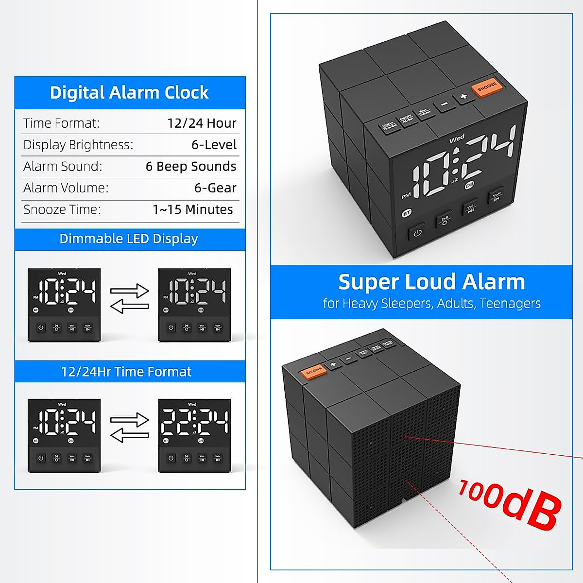 Loud Alarm Clock Bluetooth Speaker with Crystal-Clear Sound, Rich Bass, Dimmable LED Display, Small Bedside Digital Clock for Bedroom | Super Loud Alarm Clock for Heavy Sleepers, Adults, Teens - Black