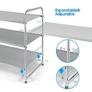 Simple Trending 3-Tier Stackable Shoe Rack, Expandable & Adjustable Fabric Shoe Shelf Storage Organizer,Silver