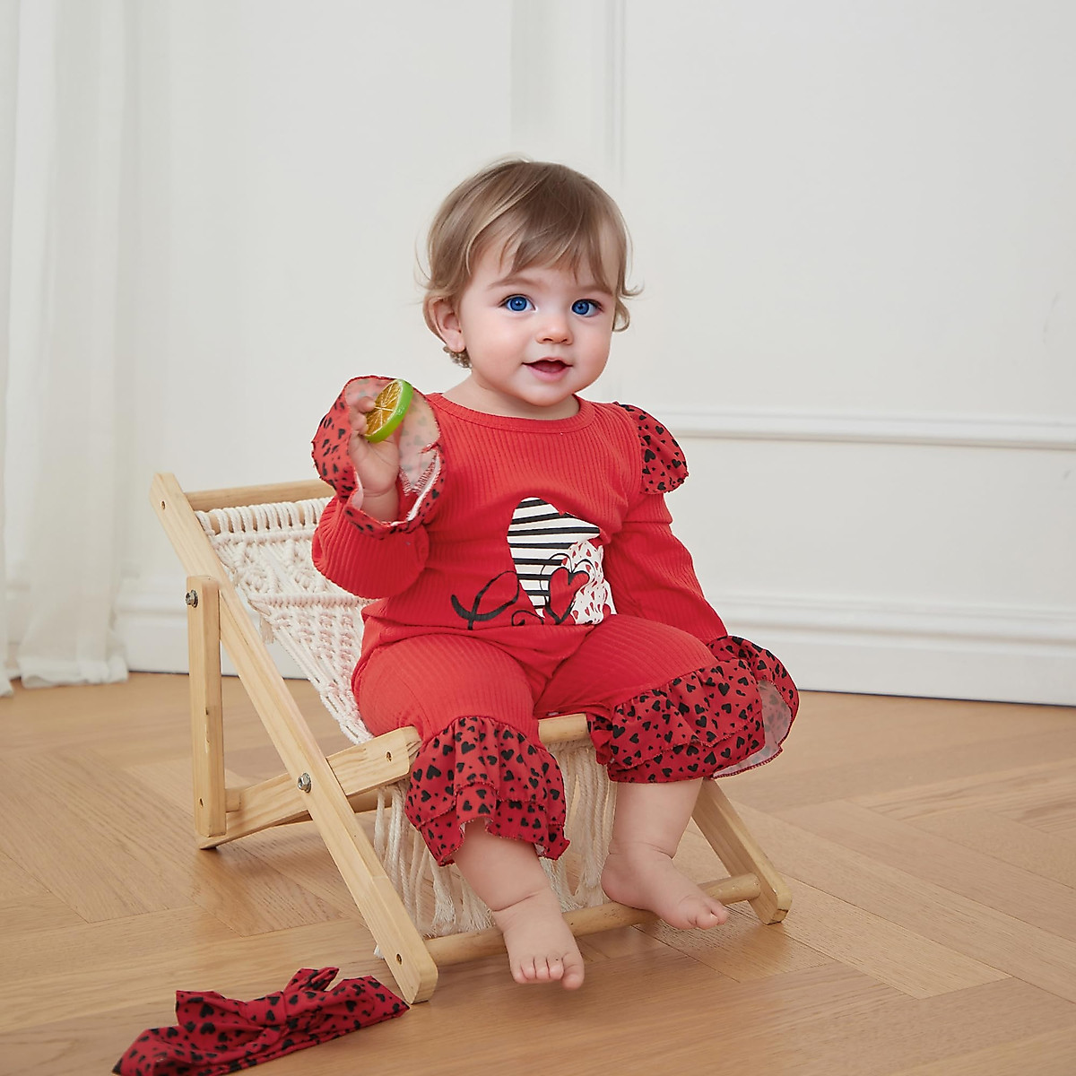 Emmababy Valentines Day Outfit Baby Girl Flared Jumpsuit Heart Print Ruffle Romper Long Sleeve Playsuit Bodysuit Headbands (red, 0-3 Months)
