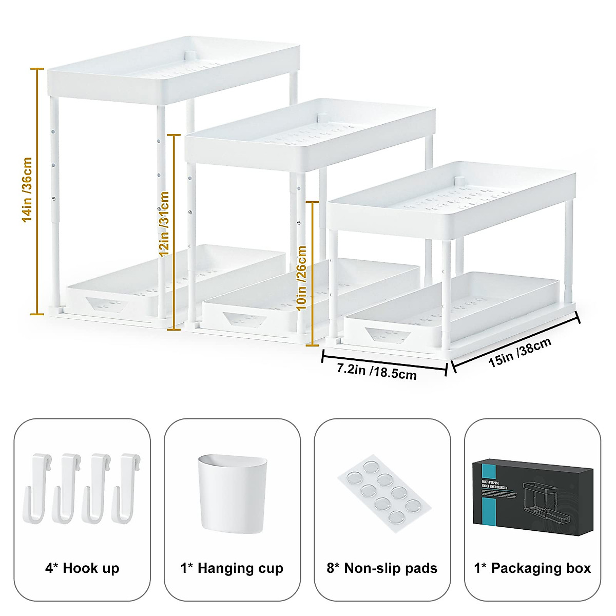 Seasky Adjustable Height Under Sink Organizers and Storage, 2 Tier Sliding Bathroom Organizer, Kitchen Organizer Multipurpose Under Sink Cabinet Storage with 4 Hooks and 1 Hanging Cup